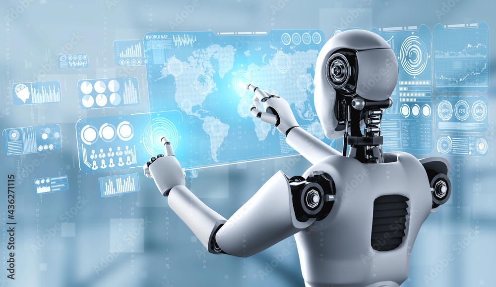 ภาพประกอบสต็อก AI humanoid robot touching hologram screen shows concept of global communication ...