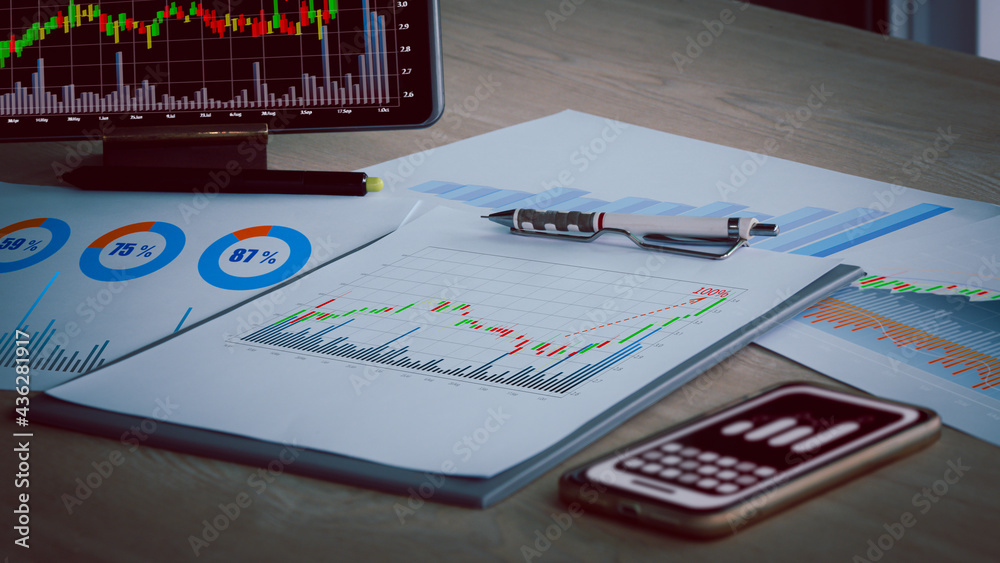 Preparing report. Green and red graphs and charts. Business reports and ...