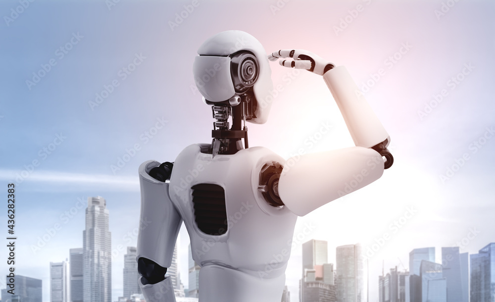 3D illustration robot humanoid looking forward against cityscape ...