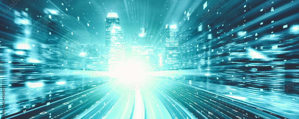 Digital data flow on road with motion blur to create vision of fast ...