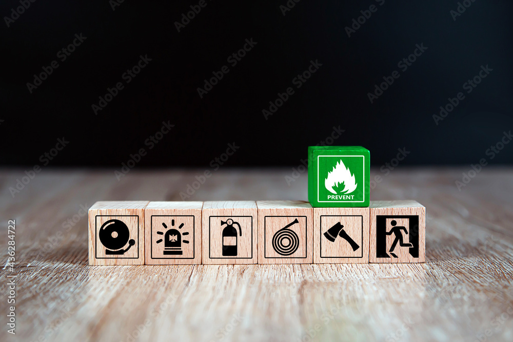 Fire, Cube wooden toy block stack with prevent icon with fire ...