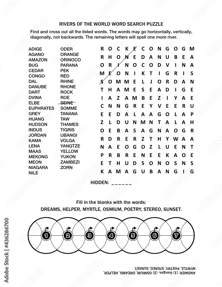 Puzzle page with two word games (English language). Rivers of the world ...