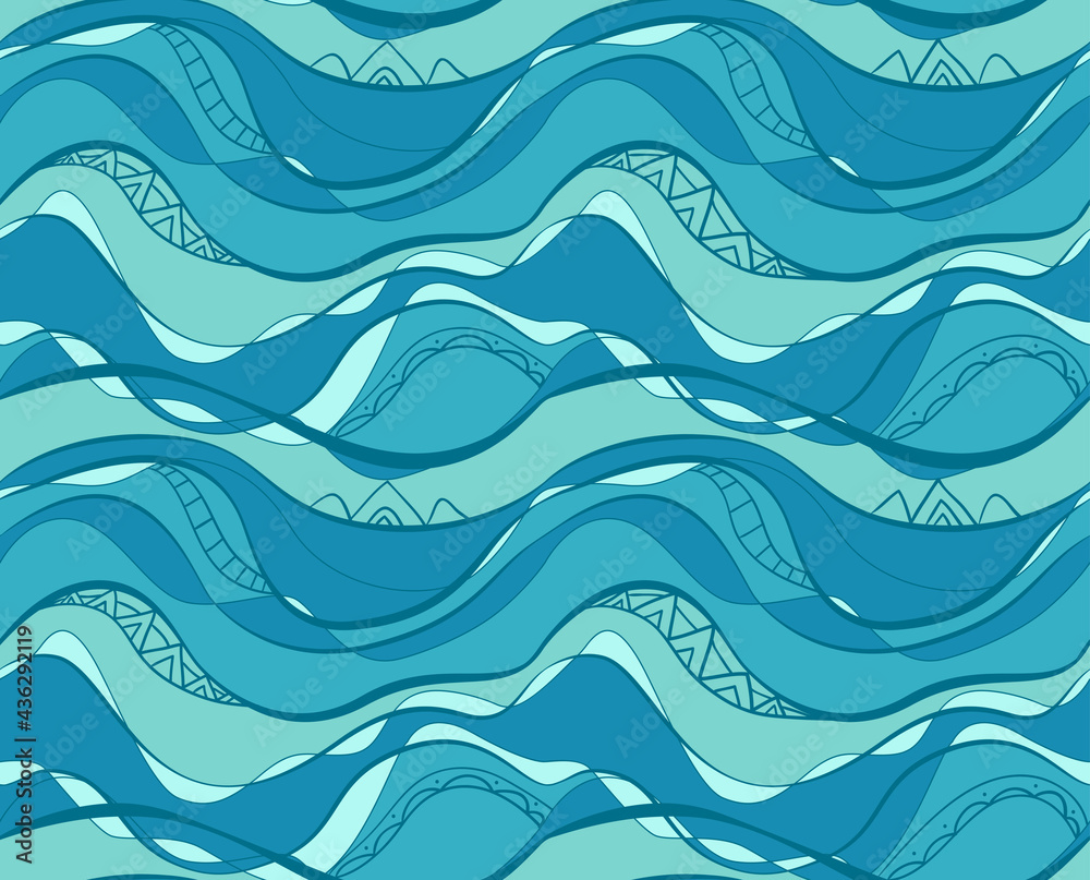 Seamless pattern with blue and turquoise waves with tribal pattern ...