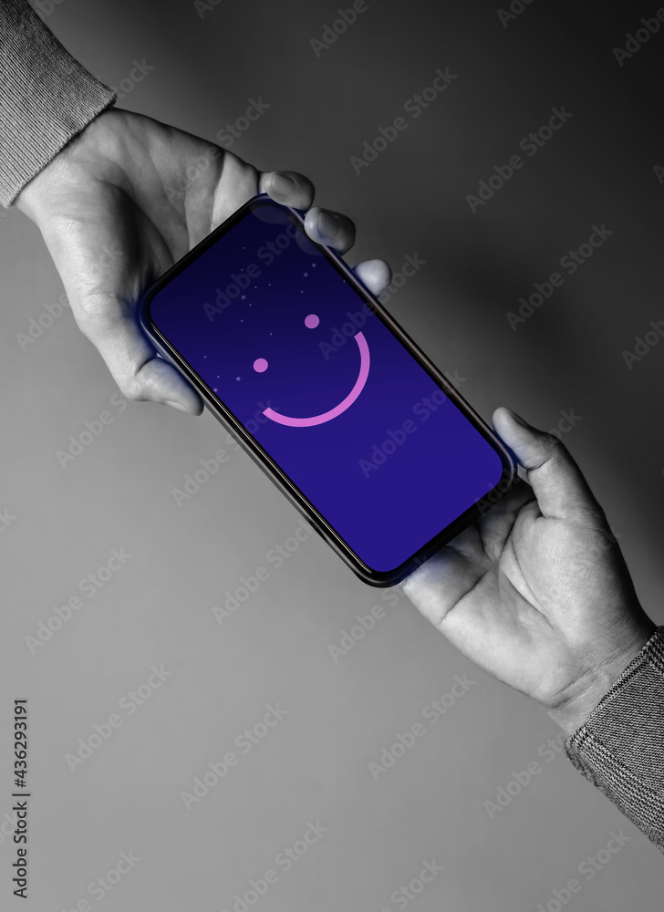 Customer Experience Concept. Happy Client giving a Smiling Emoticon via ...