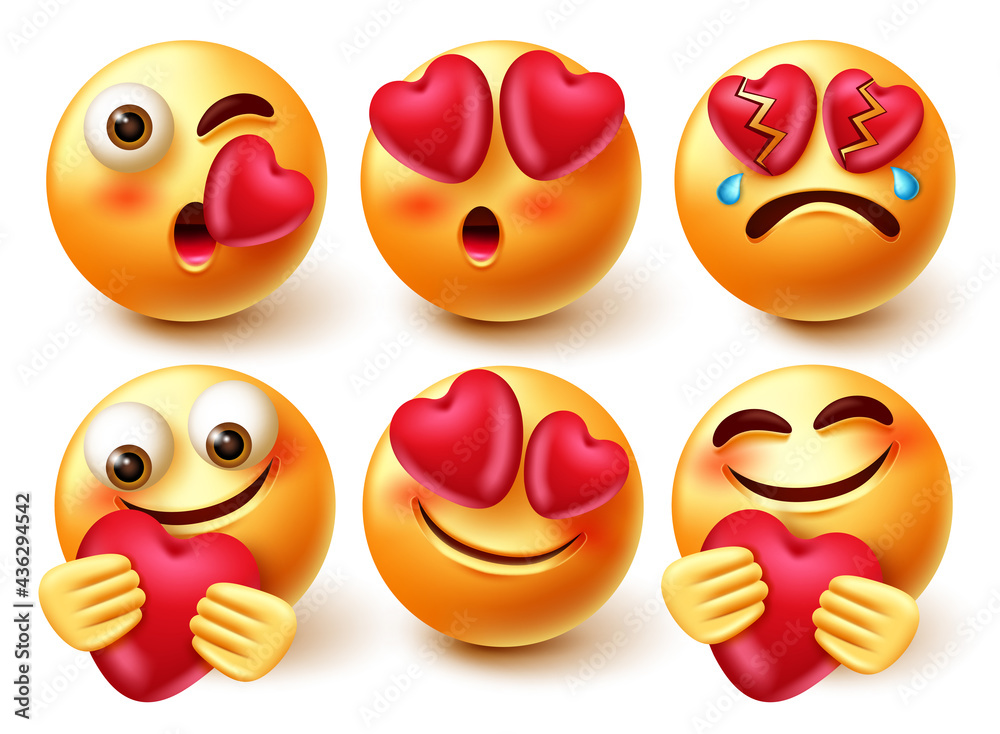 Emoticon love smileys vector character set. In love 3d emoji characters ...
