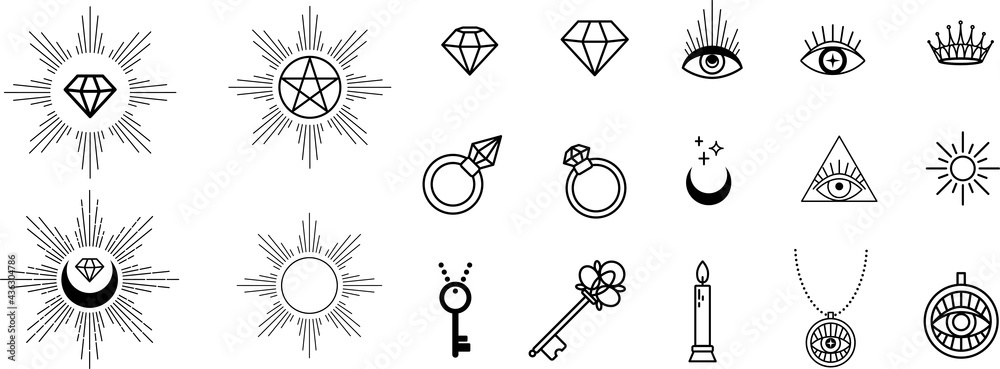 Sacred Witch and Mystical Symbols, Witchy hand drawn magic element ...