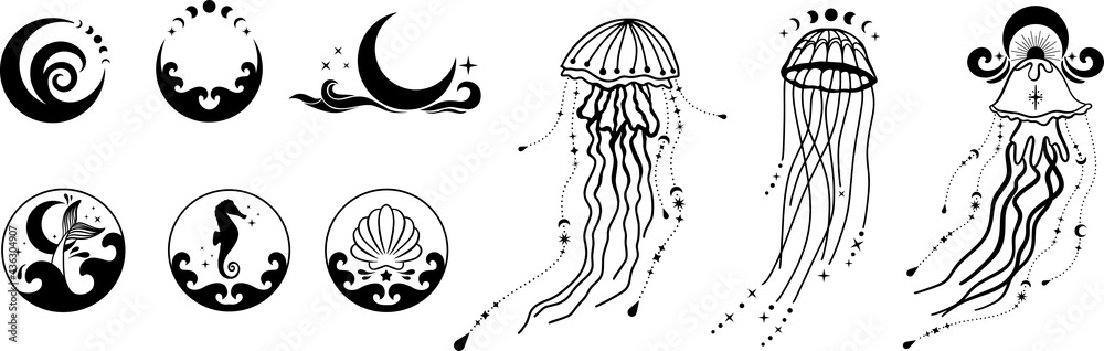 Ocean Witchy Magic illustrations. Sea and ocean witch symbols. Seashell ...