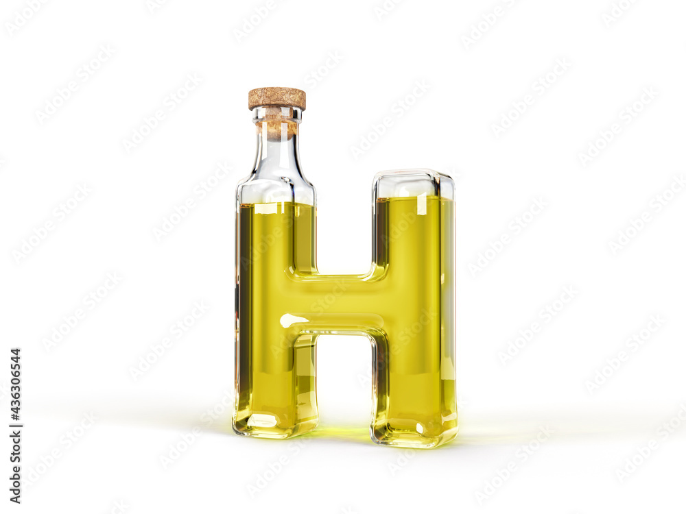 Letter H shaped bottle with olive oil inside. 3d illustration, suitable ...