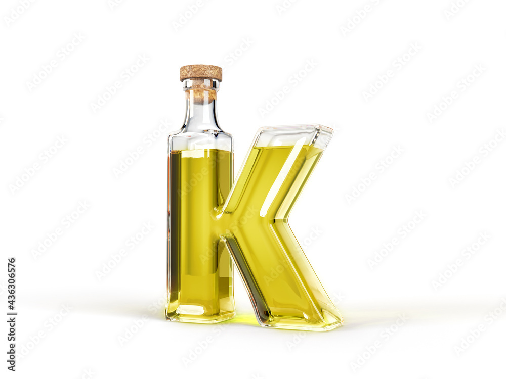 Letter K shaped bottle with olive oil inside. 3d illustration, suitable ...
