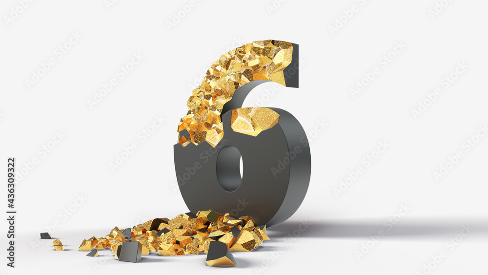 damaged black number 6 reveals gold inside. 3d illustration, suitable ...