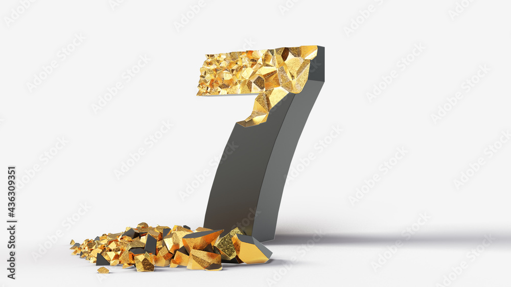 damaged black number 7 reveals gold inside. 3d illustration, suitable ...