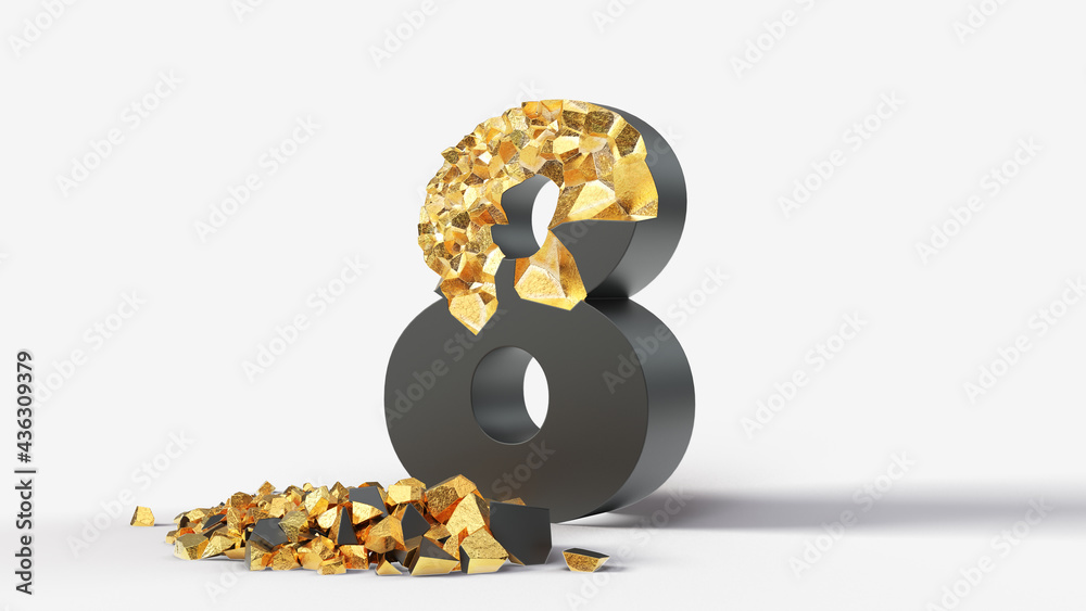 damaged black number 8 reveals gold inside. 3d illustration, suitable ...