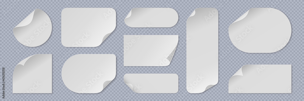 Curled paper sticker. Realistic white advertisement sheets with rolled ...