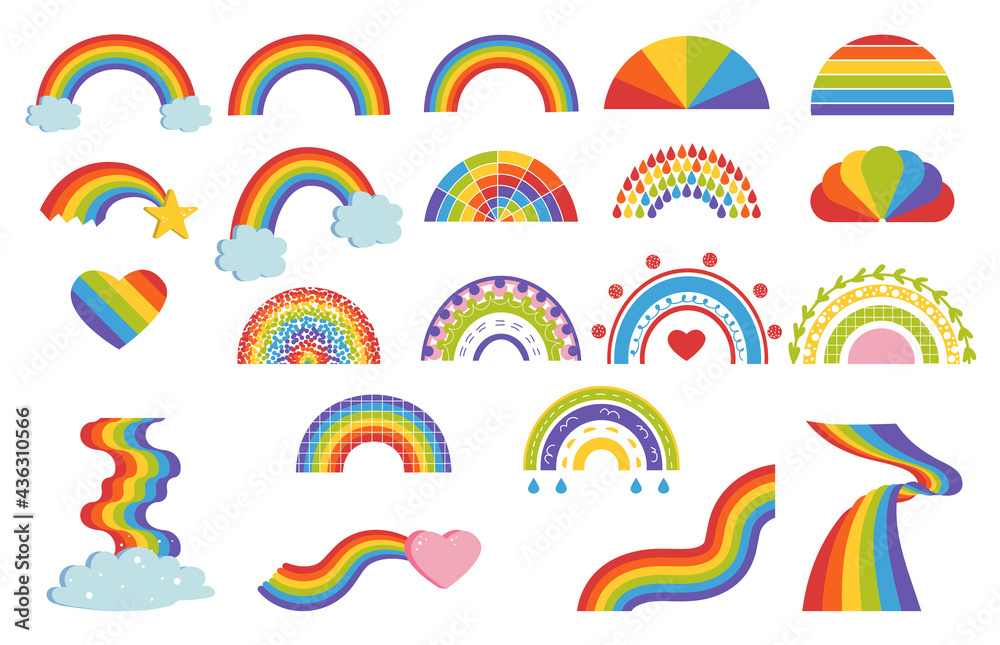 Cartoon rainbow. Child graphic multicolor symbol. Doodle arcs in sky ...