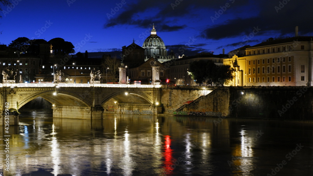 starry night sky over Rome Italy, view of Tiber island, bridge Fabricio ...