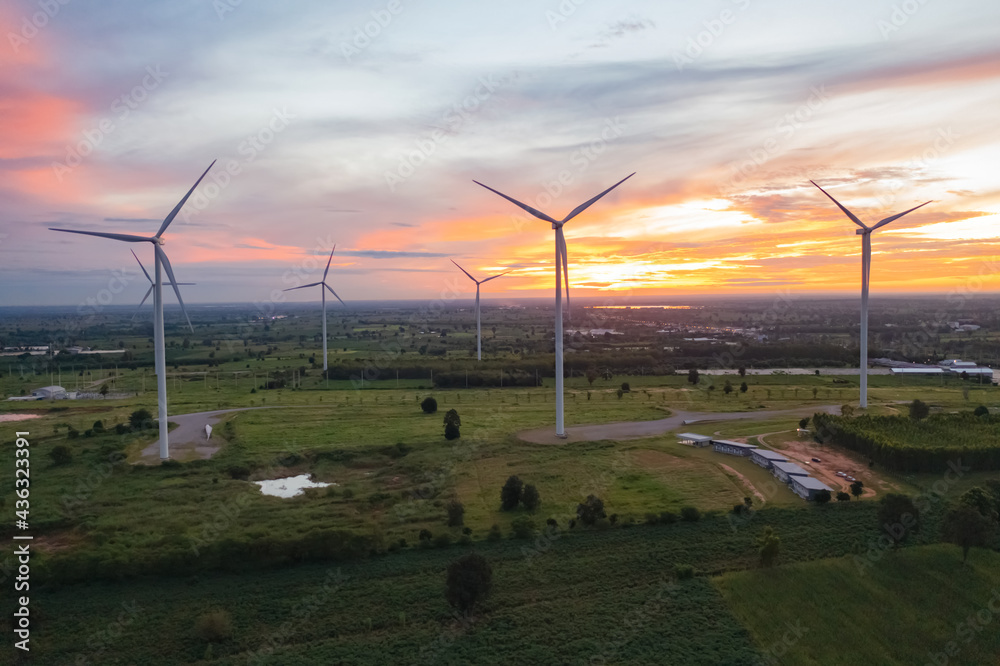 Aerial view of wind turbines or windmills farm field in industry ...