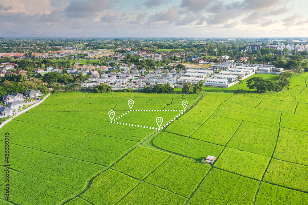 Land plot in aerial view. Gps registration survey of property, real ...
