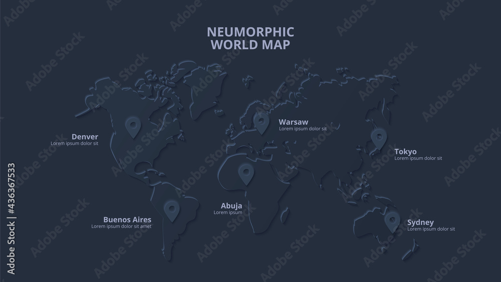 Dark neumorphic map with markers. Skeuomorph presentation slide. Stock ...