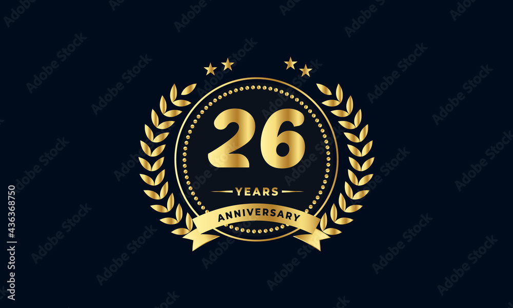26th golden anniversary logo, with shiny ring and golden ribbon, laurel ...