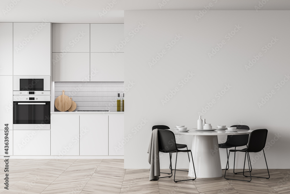 White kitchen interior with round dining table and mock up Stock ...
