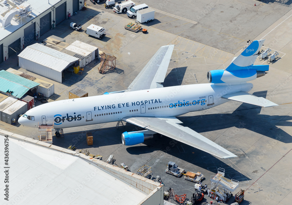 Orbis Flying Eye Hospital old Douglas DC-10 airplane. Aerial hospital ...