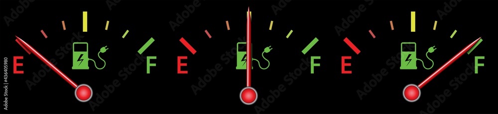 Electric car battery meter set indicating empty, half, full vector ...