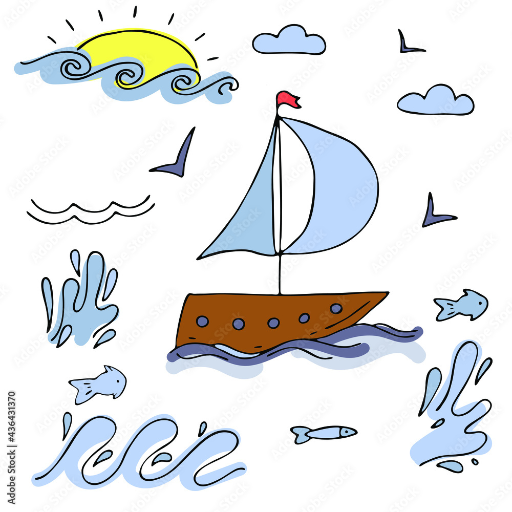 set of marine elements, waves, fish, seagulls, boat, vector set of ...