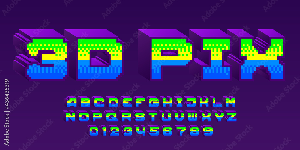 3D Pix alphabet font. Pixel letters, numbers and punctuations. 80s ...