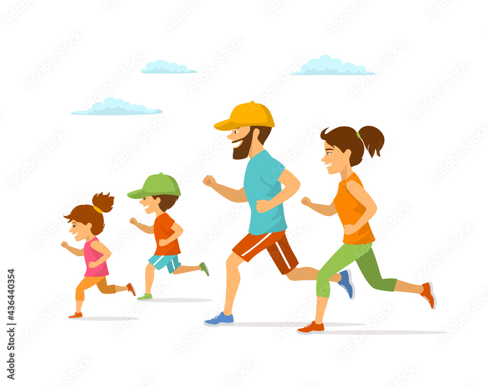 cute cheerful cartoon family running jogging together isolated vector ...