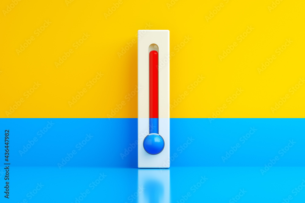 Cold and hot, blue and red thermometer over yellow-blue background, 3d ...