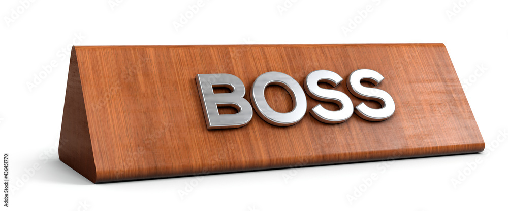 The Boss word with Wooden nameplate isolated on white background. 3d ...
