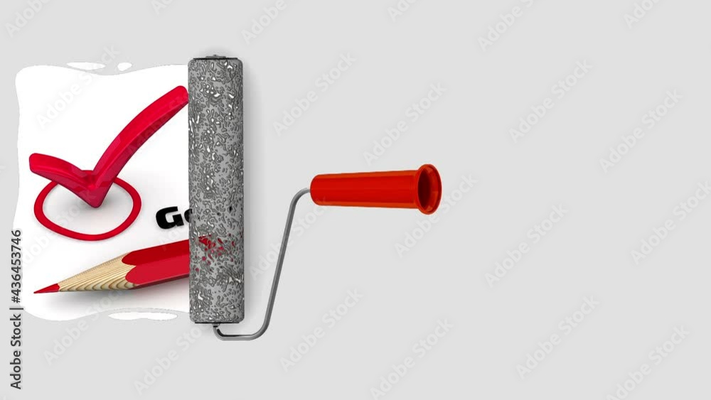 One paint roller is painting the red check mark with the black text ...