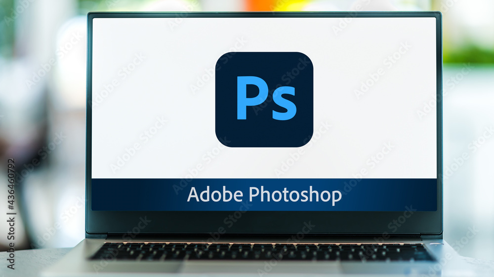 Laptop computer displaying logo of Adobe Photoshop Stock Photo | Adobe ...