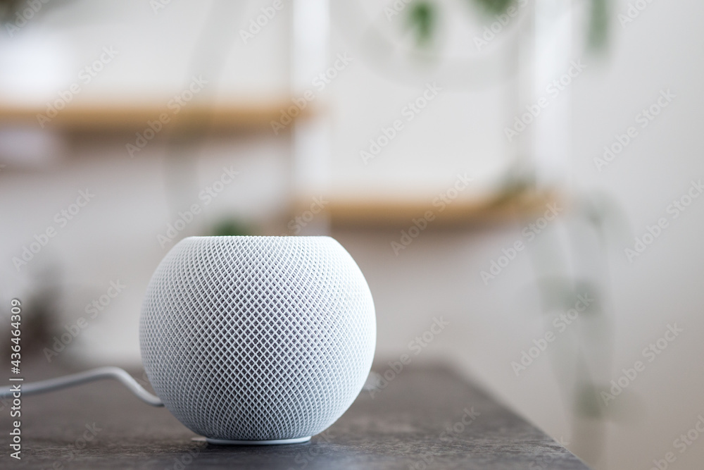 Smart speaker on table desk, voice controlled, device, smart home ...