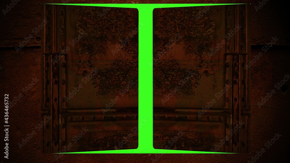 3d illustration - metal door opening to green screen Stock Illustration ...