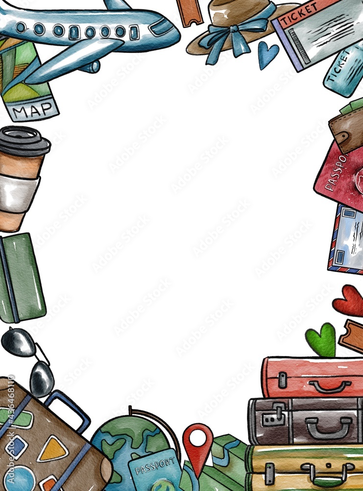 Hand drawing watercolor world traveling summer vacation frame copy ...