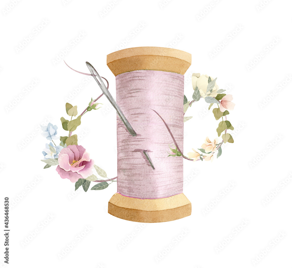 Watercolor spool of thread with a needle decorated with flowers. Soft ...