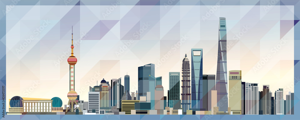 Shanghai skyline vector colorful poster on beautiful triangular texture ...