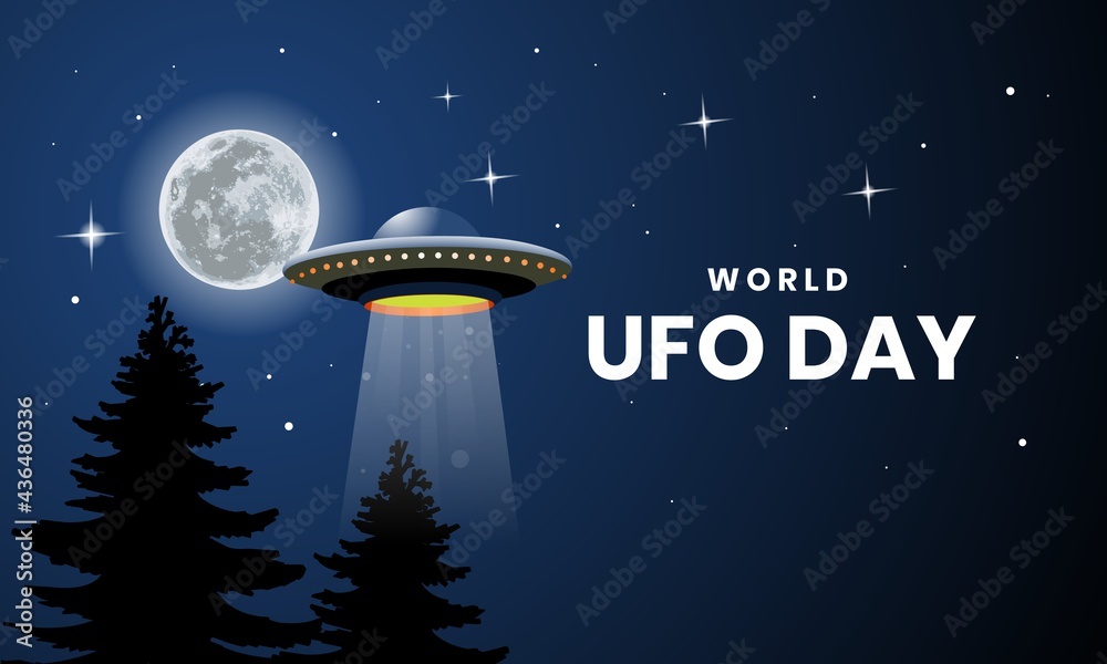 Vector illustration, UFO plane passing through pine forest, with night ...