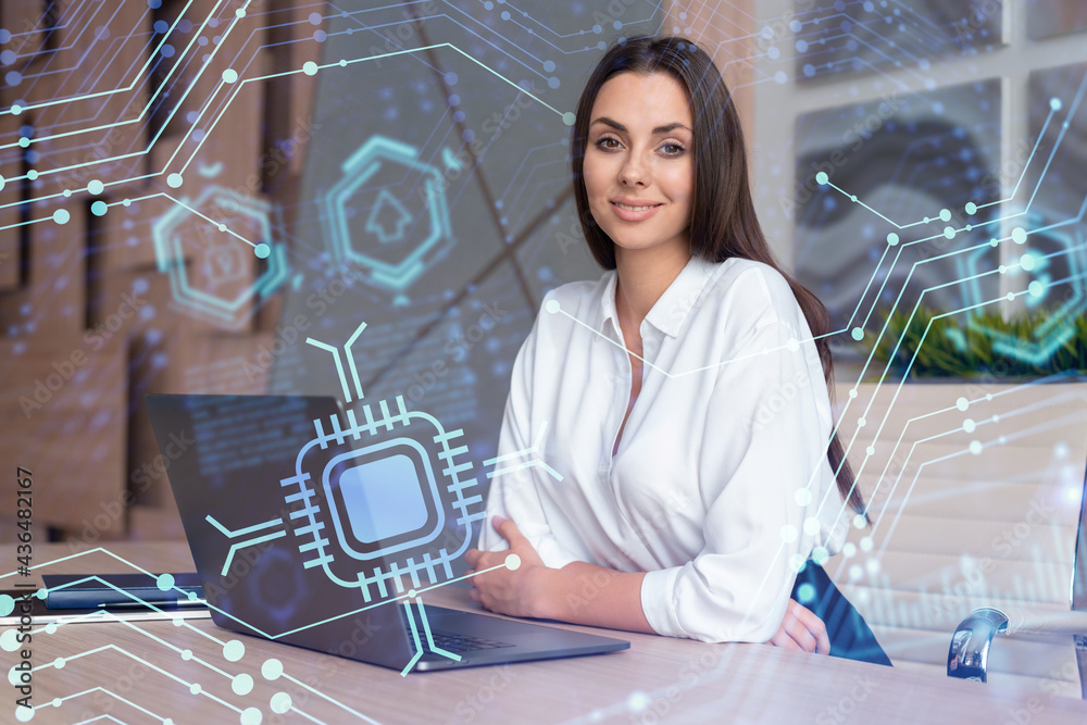 Attractive businesswoman in white shirt at workplace working with ...