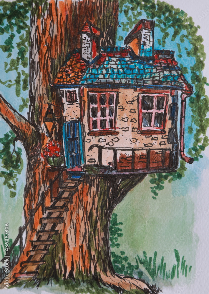 Hand drawing: a tree house made with markers in a children's cartoon ...