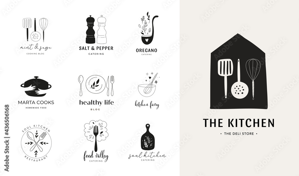 Cooking, baking and homemade food collection of hand drawn logos ...