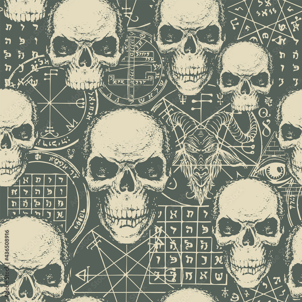 Abstract seamless pattern with hand-drawn human skulls, goat head ...