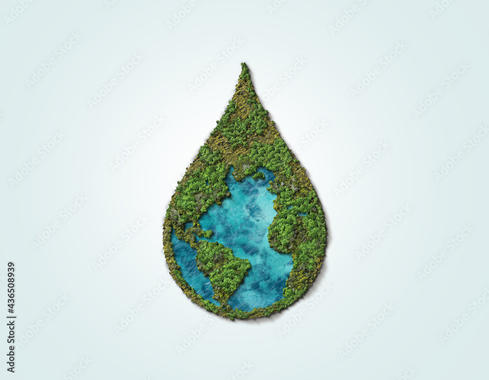 Earth in drop shape 3d green trees.World Water Day green water drop ...