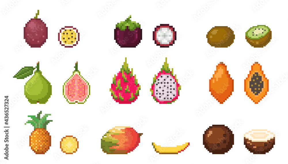 Pixel tropical fruit vector set. Pixel art collection. Stock Vector ...
