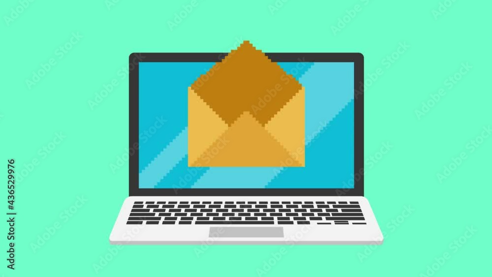 Pixel art style animation of an email opening on a laptop screen ...