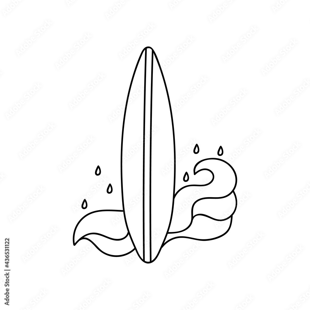 Cute and colorful hand drawn vector surfboard with a waves and water ...