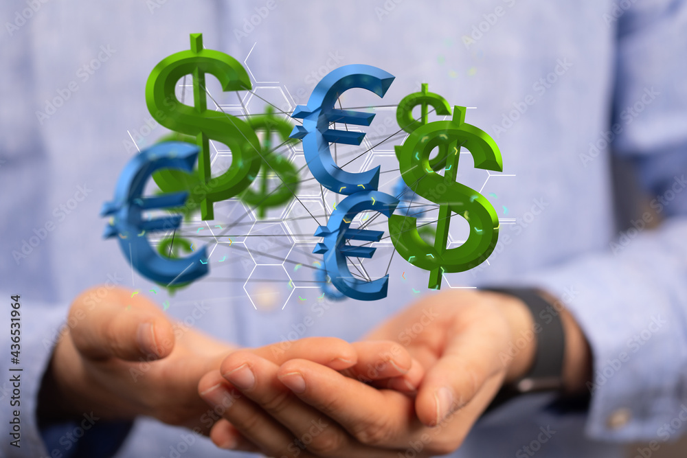 Main world currency theme dollar and euro background. Row and pile of ...