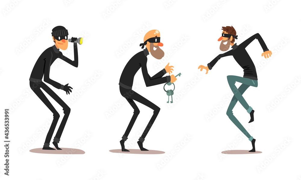 Robber Characters Set, Male Burglars Dressed Black Clothing in Masks ...