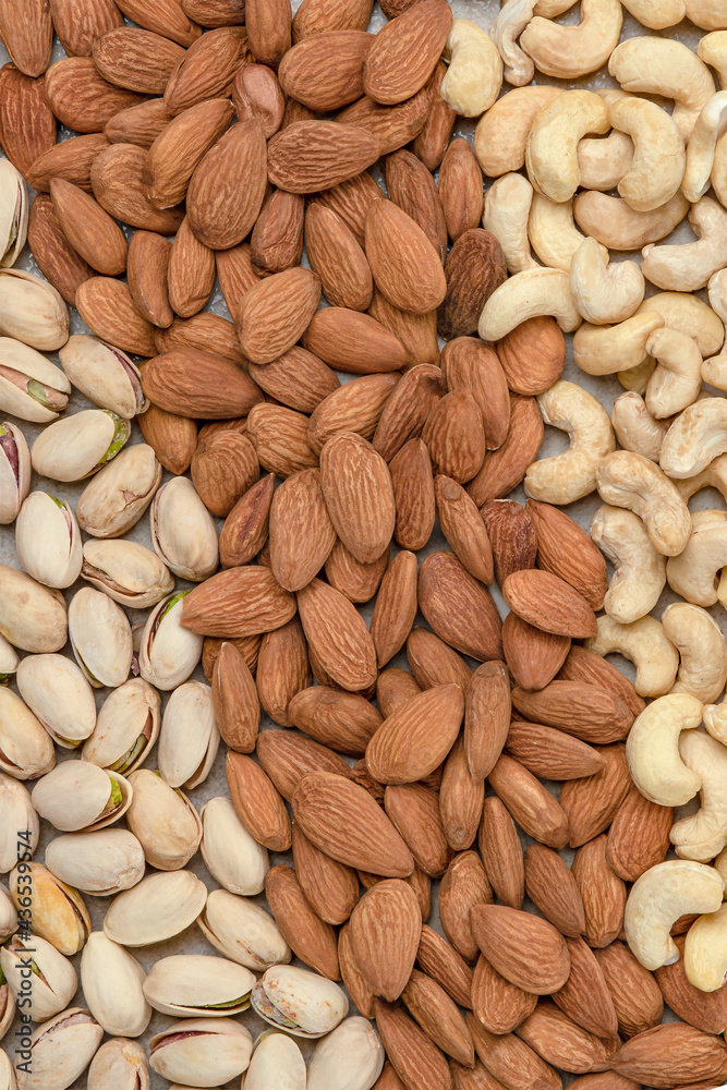 Nuts background, top view. The natural background is made from ...